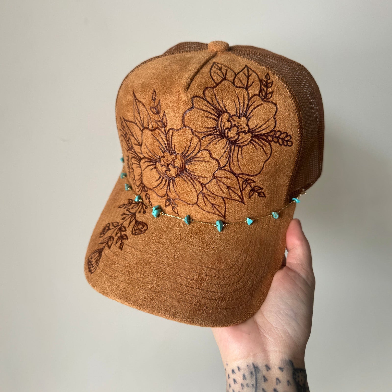 Flower Patch Burned Suede Trucker Hat with Dainty Turquoise Stone Chai ...