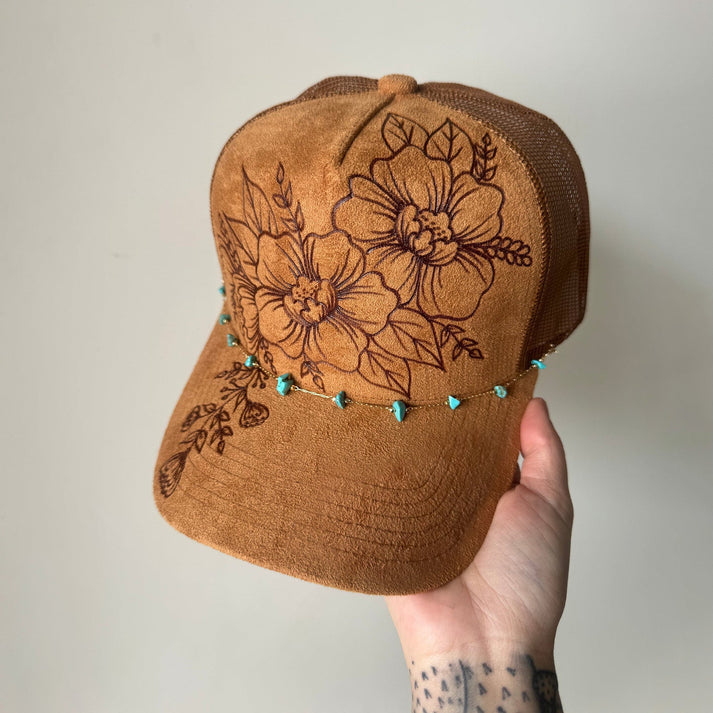 Flower Patch Burned Suede Trucker Hat with Dainty Turquoise Stone Chai ...